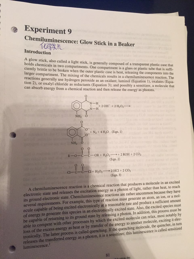 Chemiluminescence Glow Stick In A Beaker Chegg