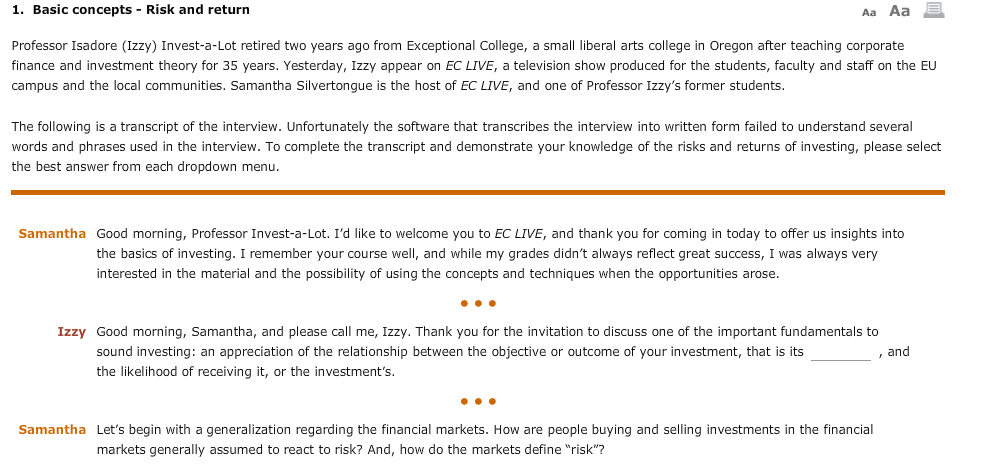 Solved 1. Basic concepts - Risk and return Aa Aa Professor | Chegg.com