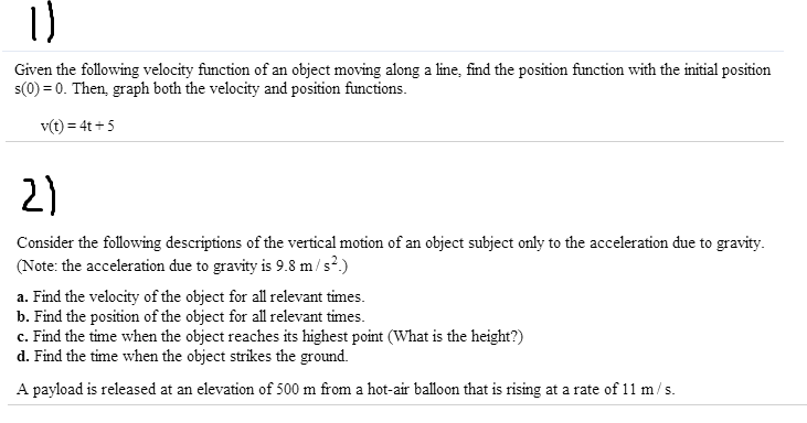 Solved Given The Following Velocity Function Of An Object
