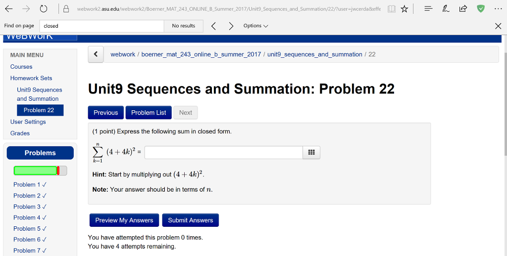 Solved → O webwork2 asu.edu/ebwork2/Boerner MAT 243 ONLINE B | Chegg.com