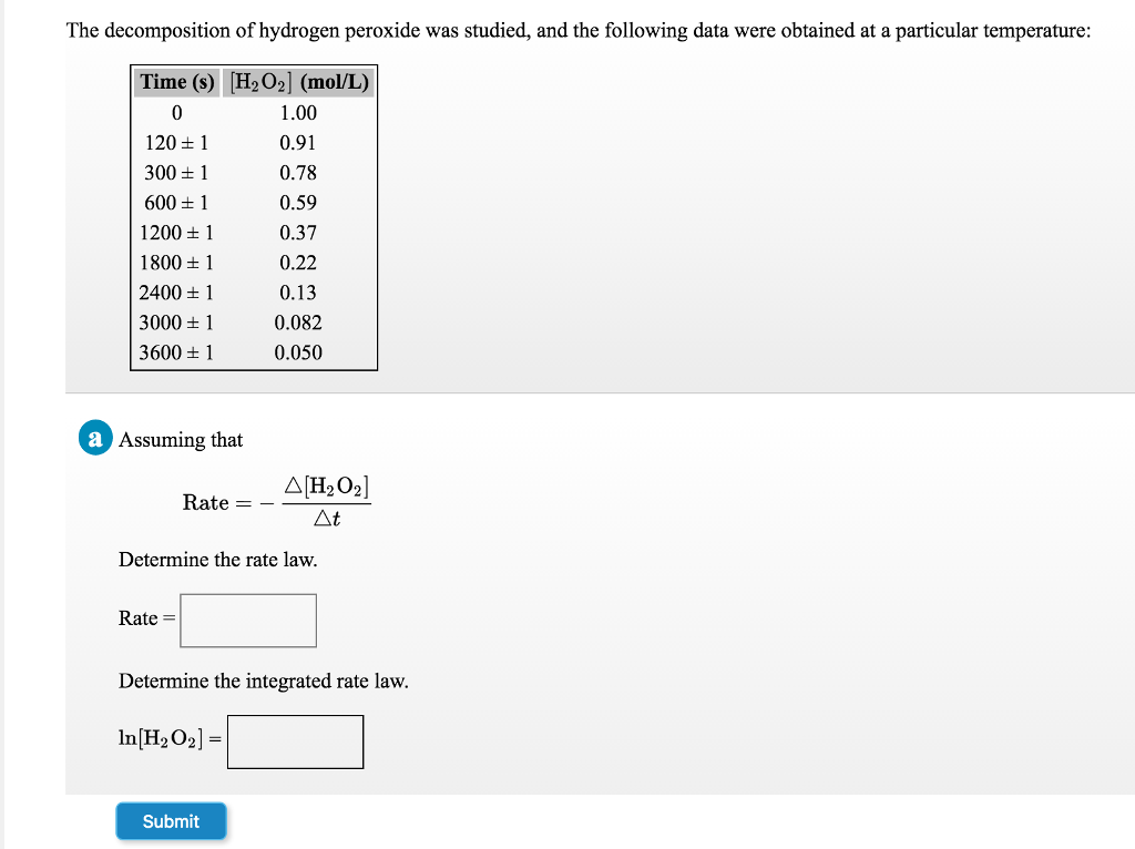 Solved The decomposition of hydrogen peroxide was studied, | Chegg.com