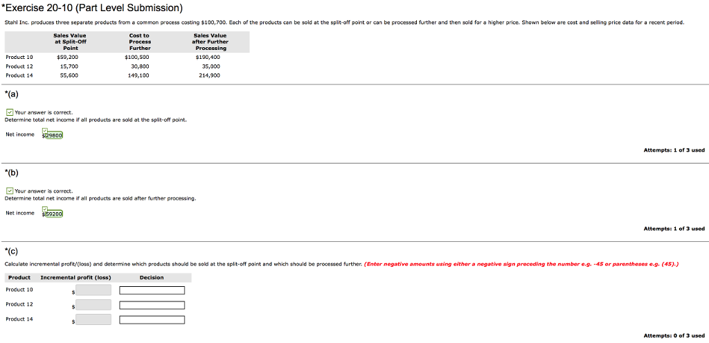Solved Exercise 20-10 (Part Level Submission) Stahl Inc. | Chegg.com