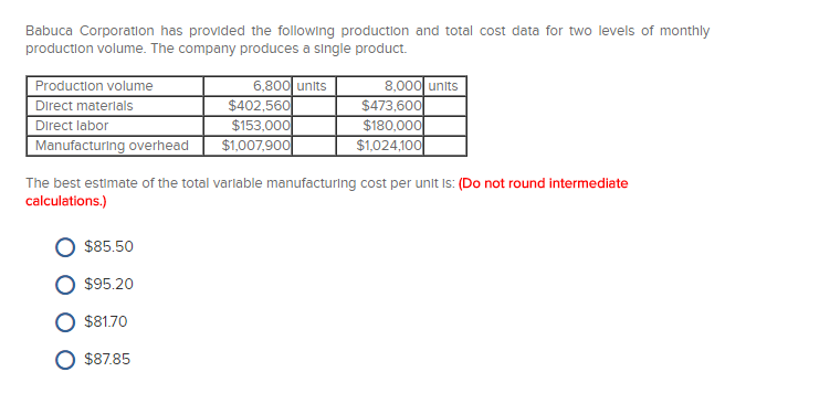 Solved Babuca Corporation has provided the following | Chegg.com