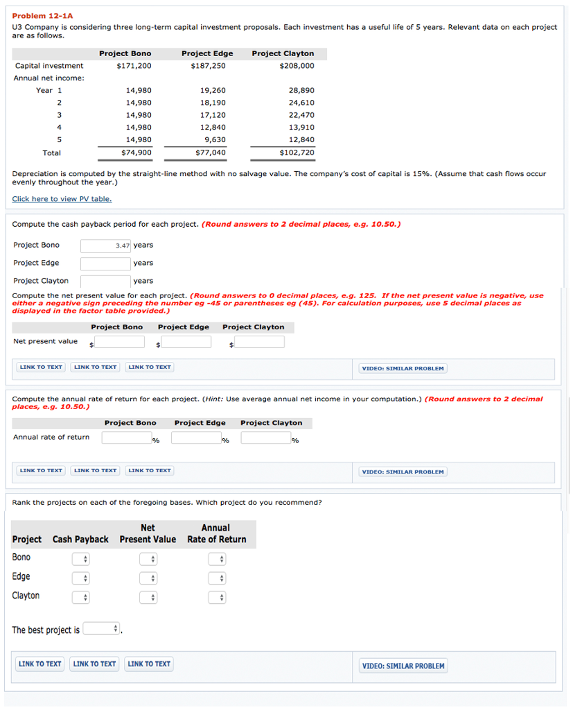 Solved Problem 12-1A U3 Company is considering three | Chegg.com Solved Problem 12-1A U3 Company is considering three | Chegg.com