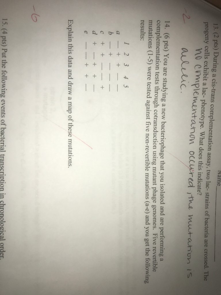 Näme 13. (2 pts) During a cis-trans complementation | Chegg.com