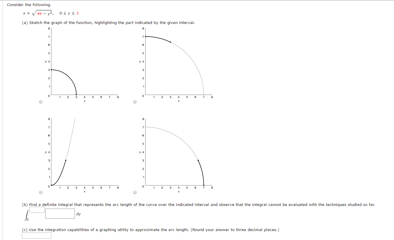 Solved Consider the following. x = 49 ? y2 , 0 ? y ? 3 | Chegg.com