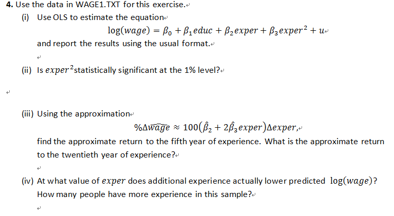 4. Use the data in WAGE1.TXT for this exercise. (i) | Chegg.com