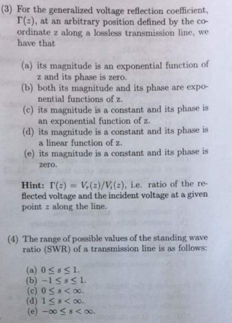 For the generalized voltage reflection coefficient, | Chegg.com