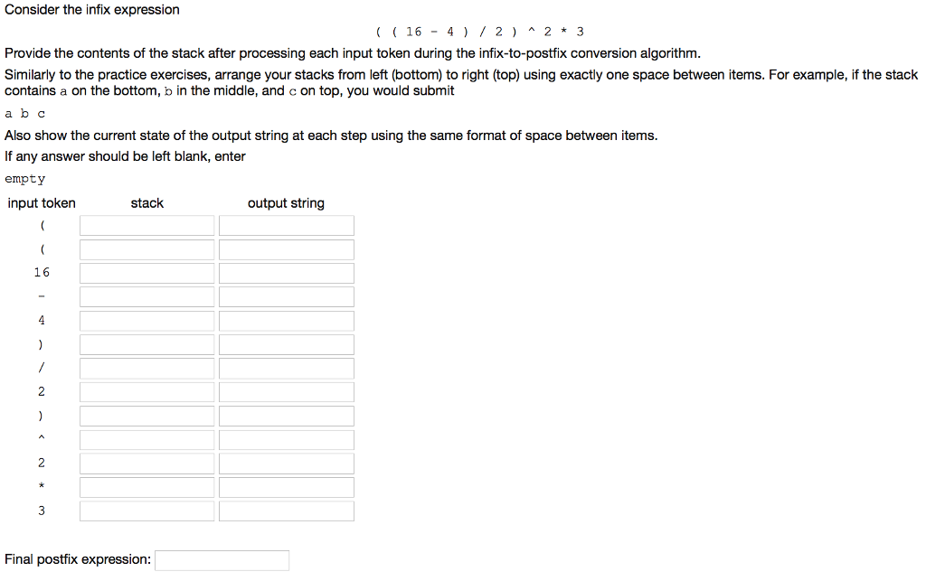 Solved Consider the infix expression 16 - 42 23 Provide the | Chegg.com