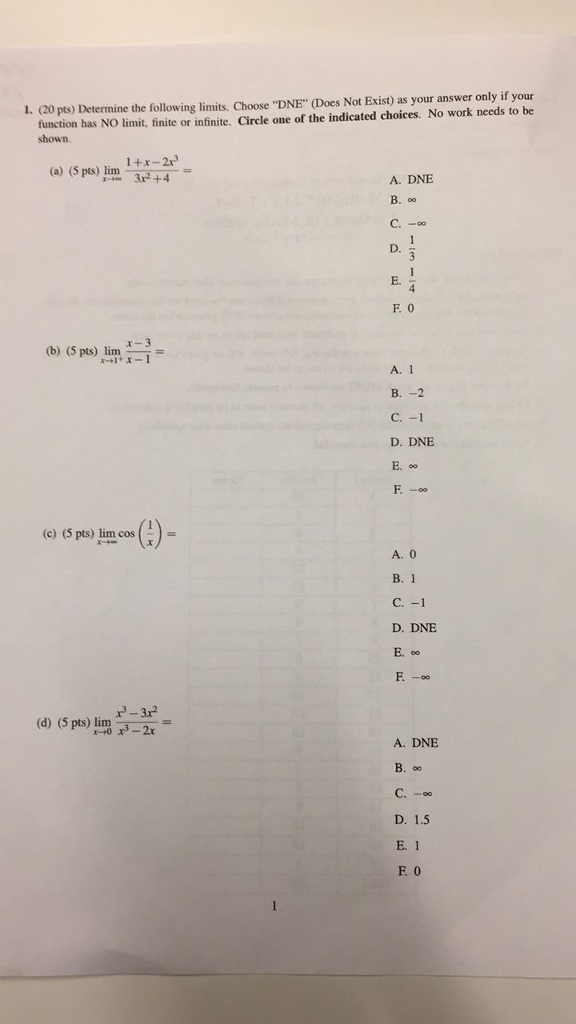 Solved Determine the following limits. Choose "DNE" (Does | Chegg.com