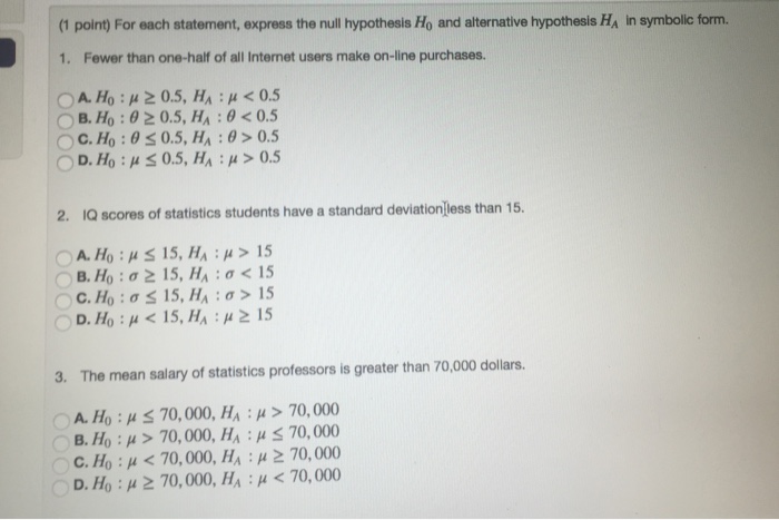 Solved For each statement, express the null hypothesis H_0 | Chegg.com