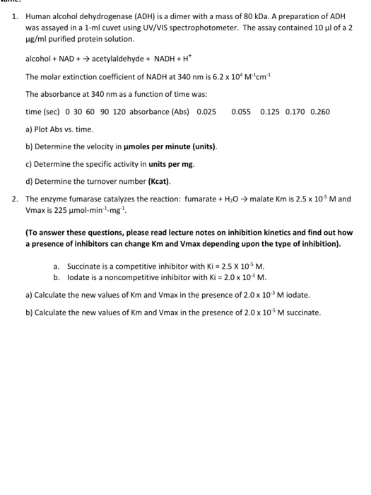 Solved 1. Human alcohol dehydrogenase (ADH) is a dimer with | Chegg.com