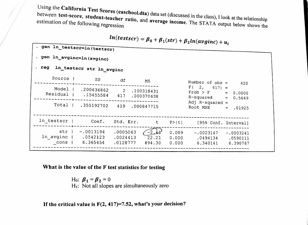 Solved I am unsure how to find the value of the F-Test stats | Chegg.com