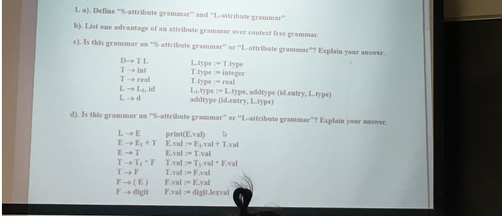 Solved a). Define "S-attribute grammar" and "L-attribute | Chegg.com