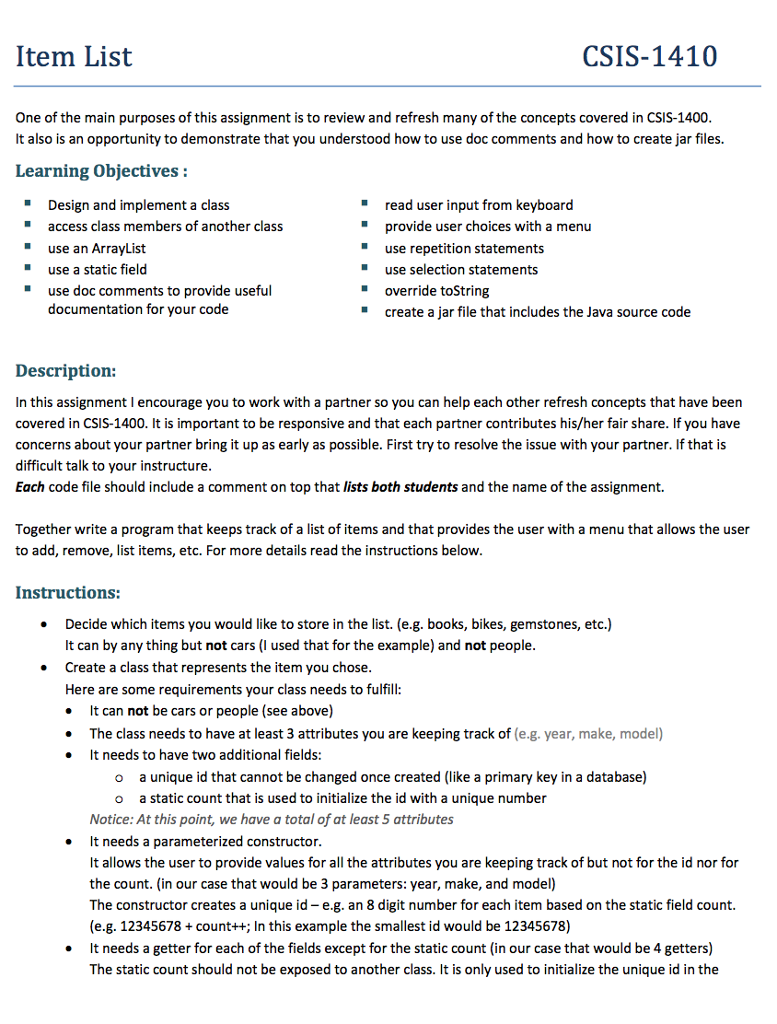 Solved tem List CSIS-1410 One of the main purposes of this | Chegg.com