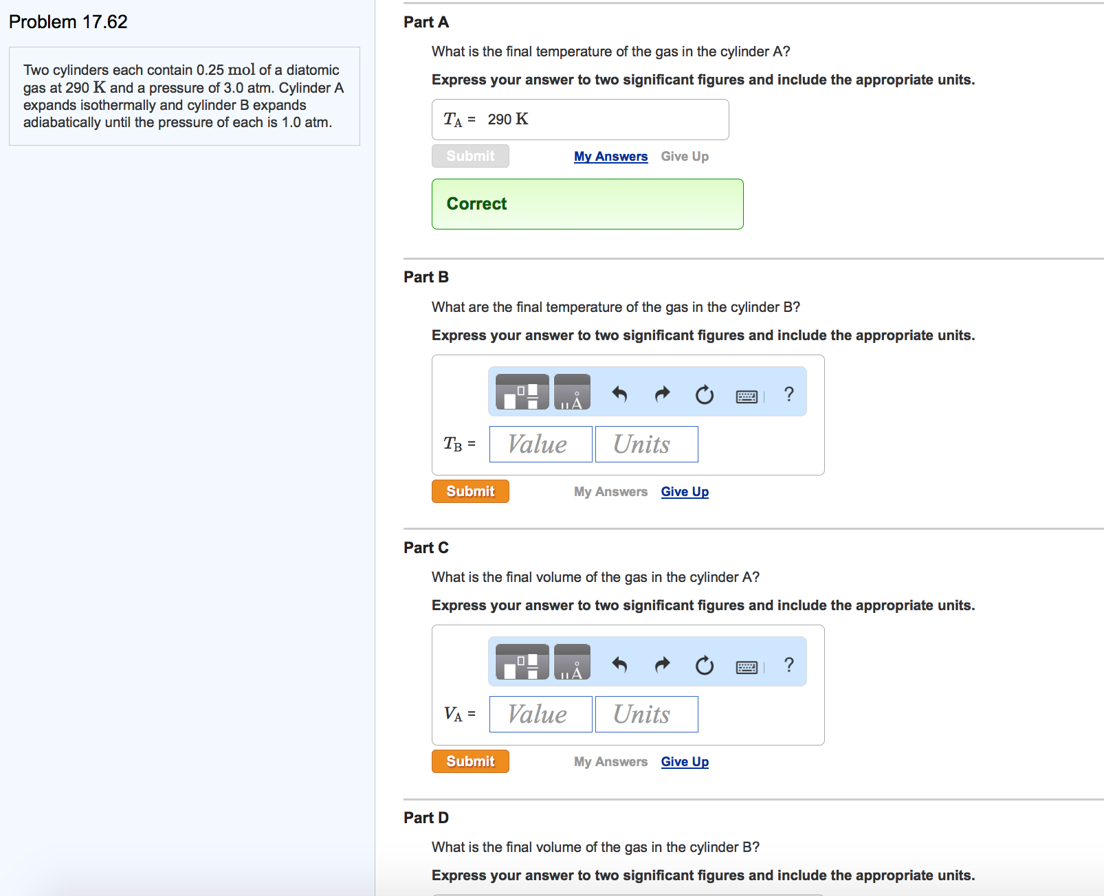 Solved Two cylinders each contain 0.25 mol of a diatomic gas | Chegg.com