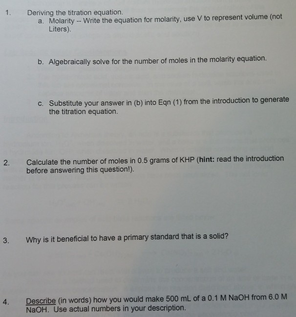 1. Deriving the titration equation. Molarity - Write | Chegg.com
