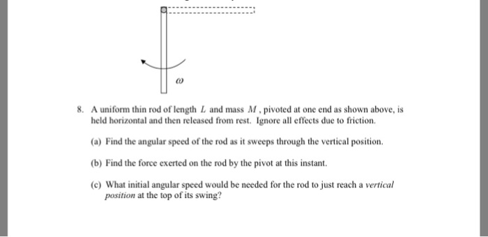 Solved A uniform thin rod of length L and mass M, pivoted | Chegg.com