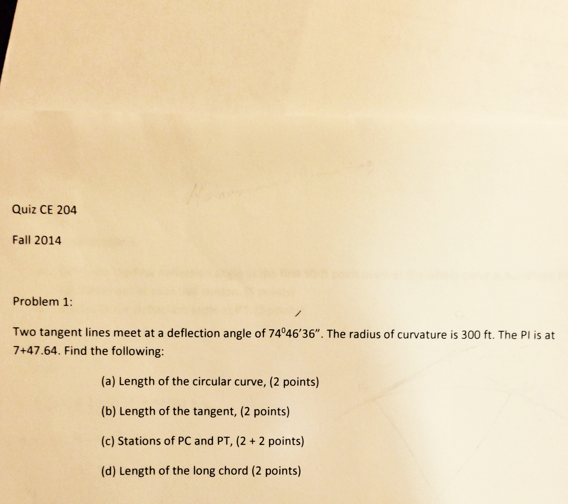 Solved Two tangent lines meet at a deflection angle of 74 | Chegg.com