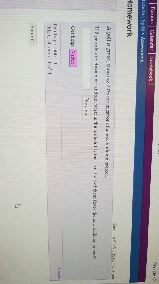 Solved Yifei Xie? Forums Calendar Gradebook tatistics Sp18> | Chegg.com