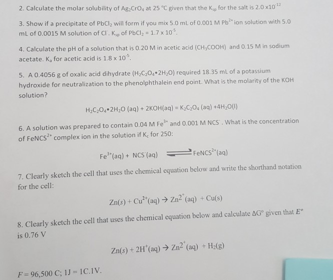 Solved 2. Calculate the molar solubility of Ag CrO4 at 25 °C | Chegg.com