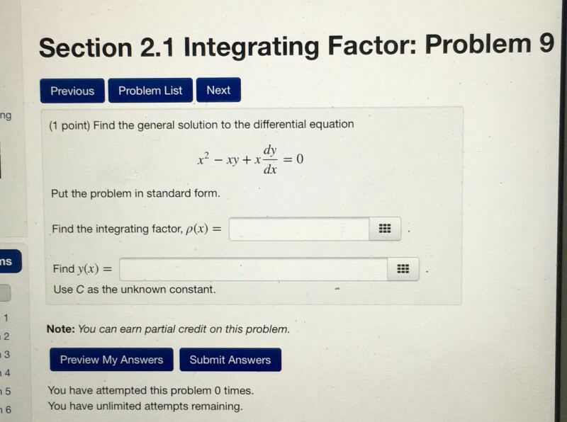 Solved Section 2.1 Integrating Factor: Problem 9 Previous | Chegg.com