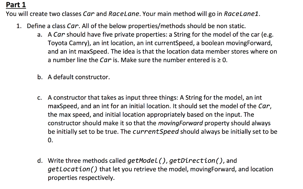 Solved Part 1 You Will Create Two Classes Car And Racelane 6757