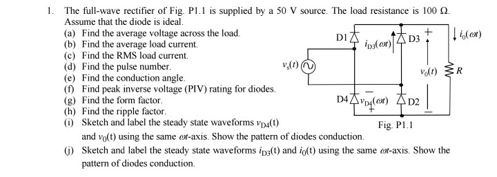 Solved The full-wave rectifier of Fig. P1.1 is supplied by a | Chegg.com