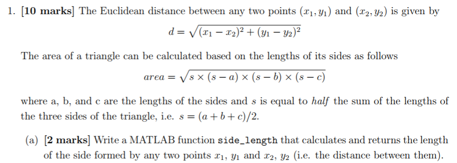 Solved 1. [10 marks] The Euclidean distance between any two | Chegg.com