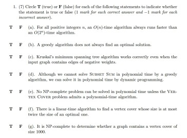 Solved 1. (7) Circle T (true) or F (false) for each of the | Chegg.com