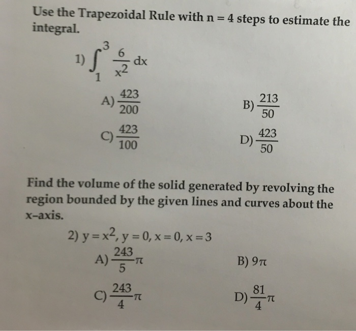 Solved Use the Trapezoidal Rule with n = 4 steps to estimate | Chegg.com