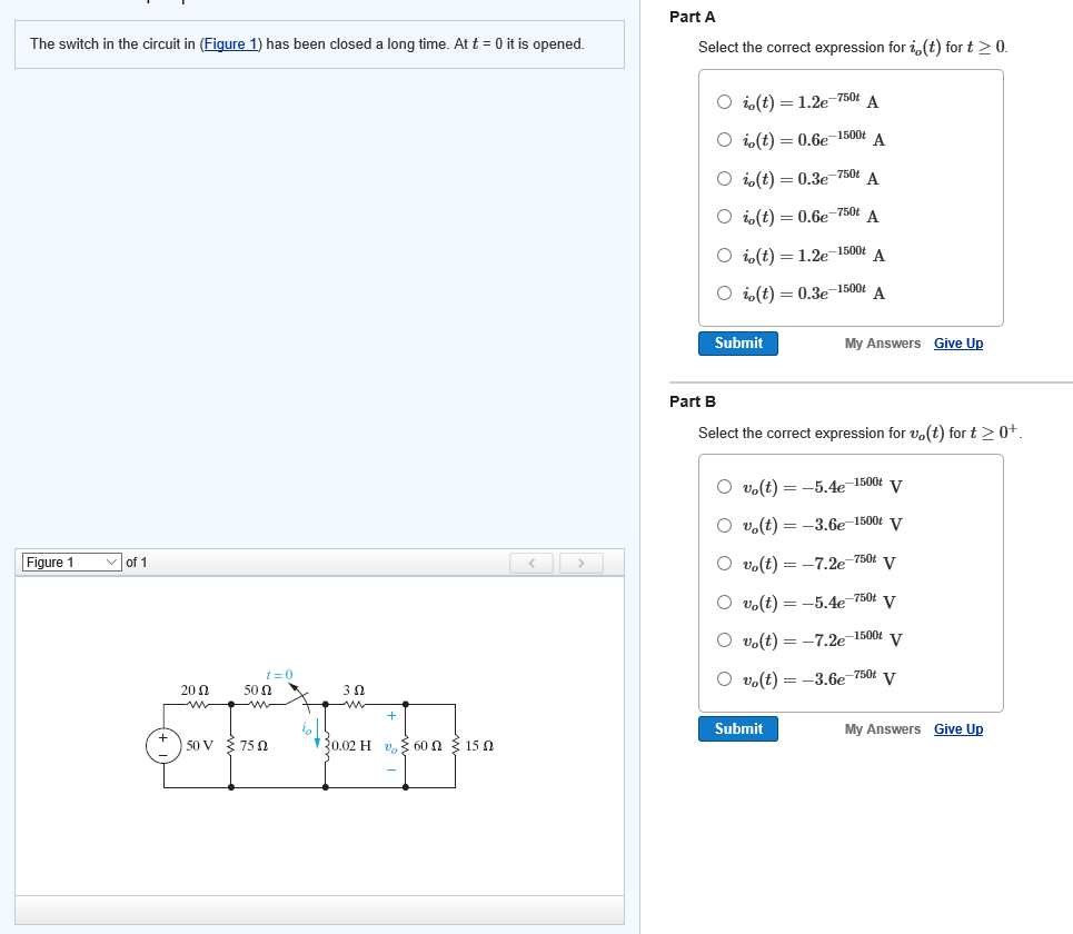 Solved The switch in the circuit in (Figure 1) has been | Chegg.com