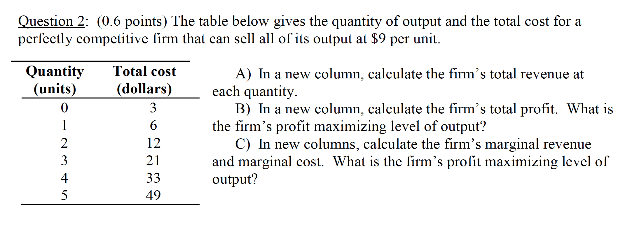 Solved The table below gives the quantity of output and the | Chegg.com