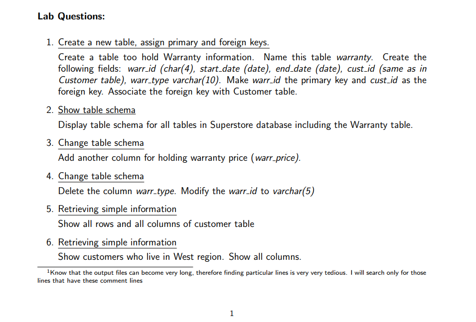 Lab Questions: 1. Create a new table, assign primary | Chegg.com