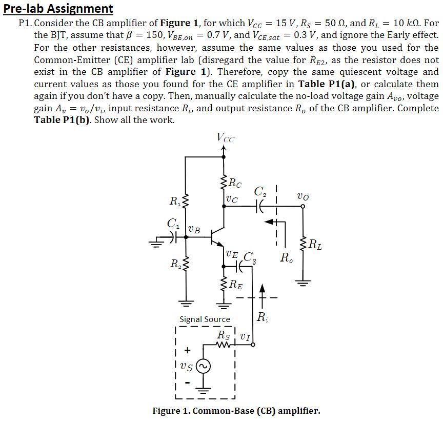 Solved Pre-lab Assignment P1. Consider the CB amplifier of | Chegg.com