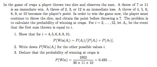 In the game of craps a player throws two dice and | Chegg.com
