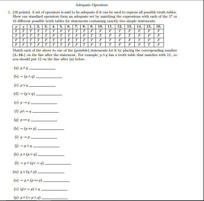 Solved Adequate Operators 1 10 Points A Set Of Operators