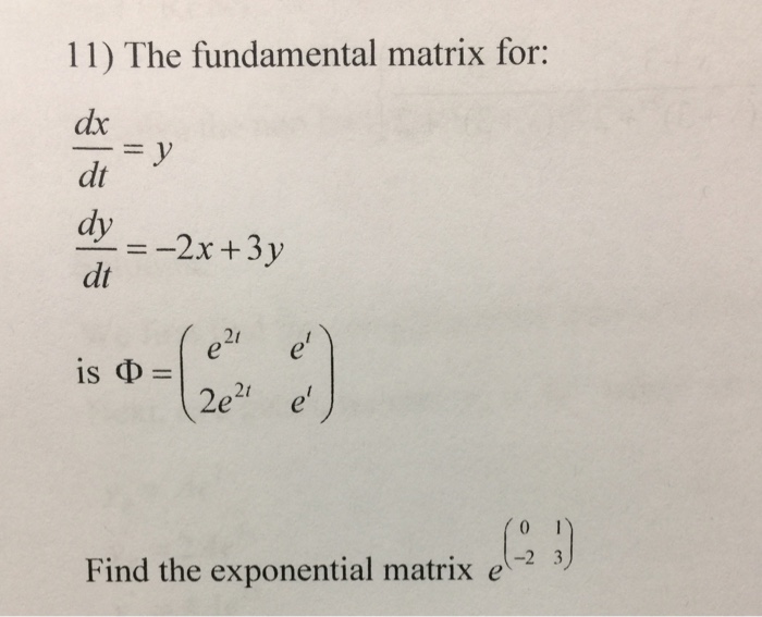 Solved The fundamental matrix for: dx/dt = y dy/dt = -2x + | Chegg.com