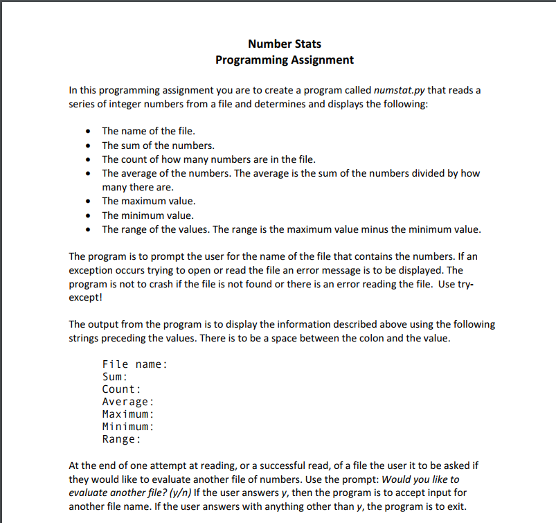 Solved Number Stats Programming Assignment In This Chegg