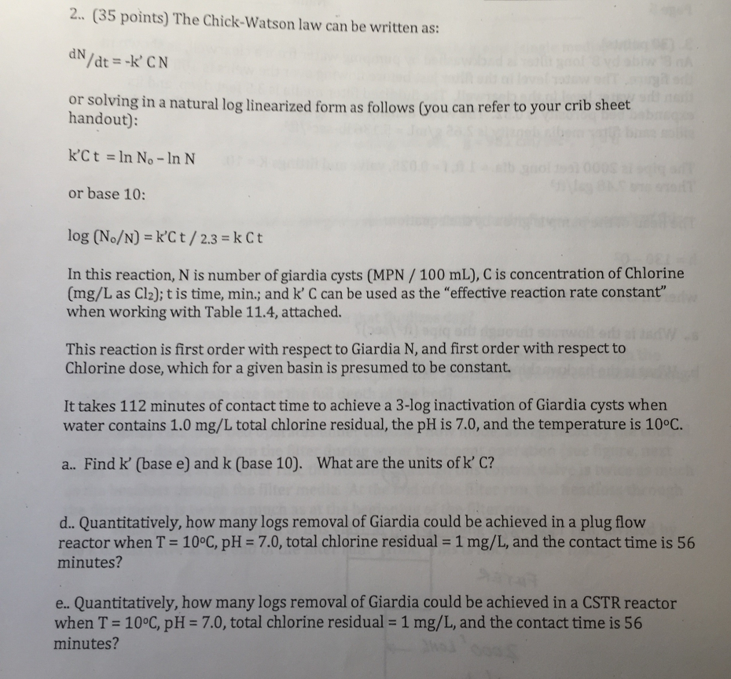 2. (35 points) The Chick-Watson law can be written | Chegg.com