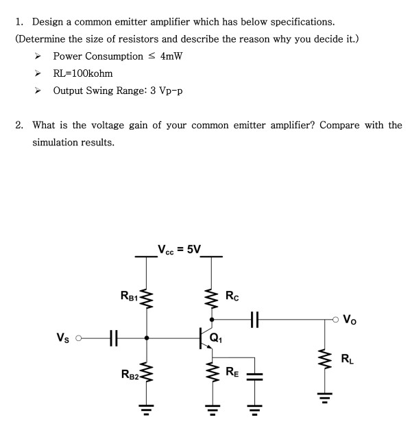 Solved 1. Design a common emitter amplifier which has below | Chegg.com