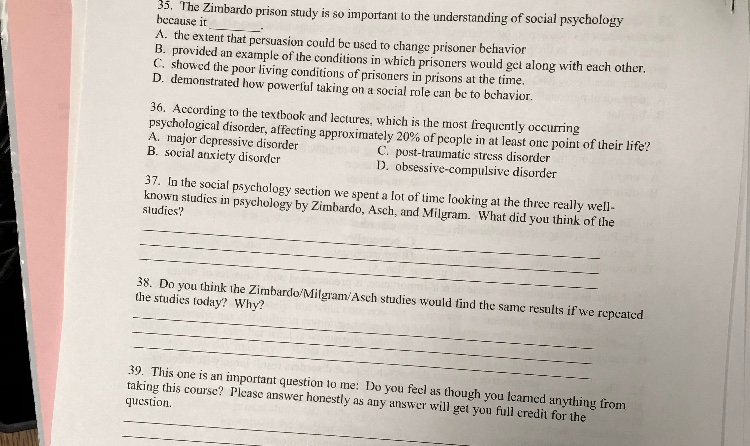 Solved 35. The Zimbardo prison study is so important to the | Chegg.com