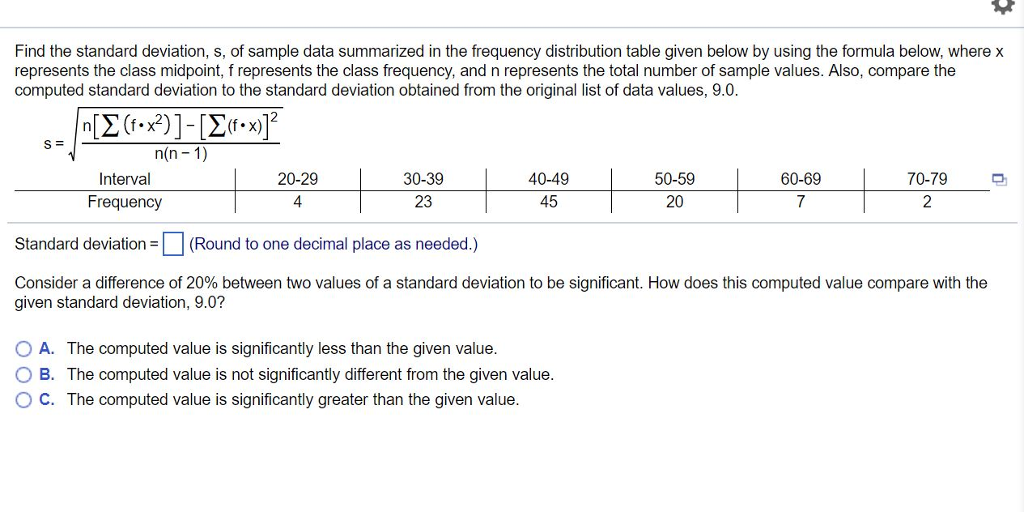 Solved Find the standard deviation, s, of sample data | Chegg.com