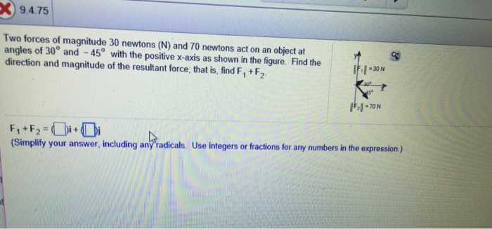 Solved Two forces of magnitude 30 newtons (N) and 70 newtons | Chegg.com
