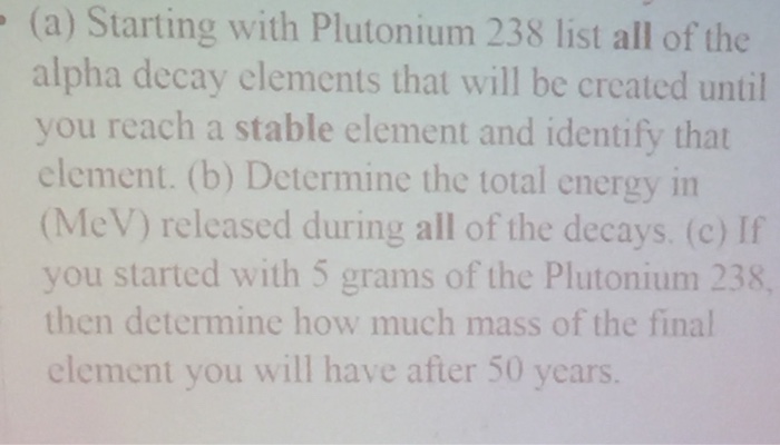 Solved Starling with Plutonium 238 list all of the alpha | Chegg.com