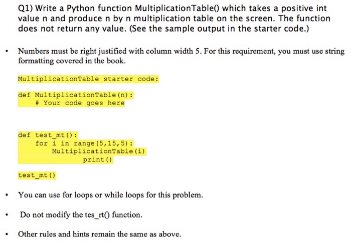Solved Write a Python function MultiplicationTable() which | Chegg.com