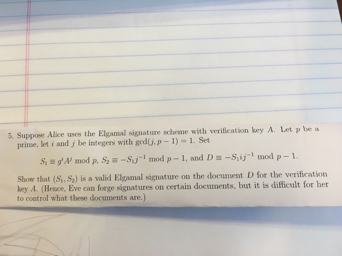 Suppose Alice uses the Elgamal signature scheme with | Chegg.com