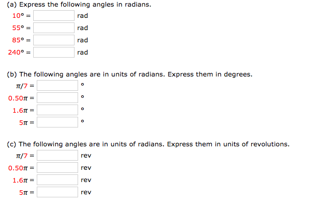 Solved Express the following angles in radians. 10 degree = | Chegg.com