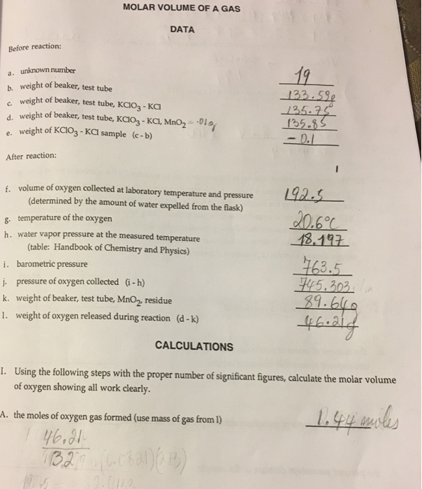 Solved MOLAR VOLUME OF A GAS DATA Before reaction: a. | Chegg.com