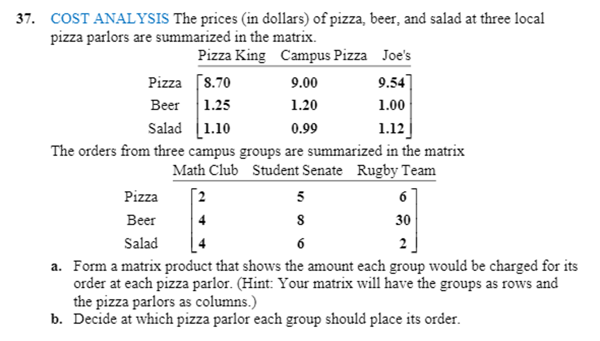 The prices (in dollars) of pizza: beer, and salad at | Chegg.com
